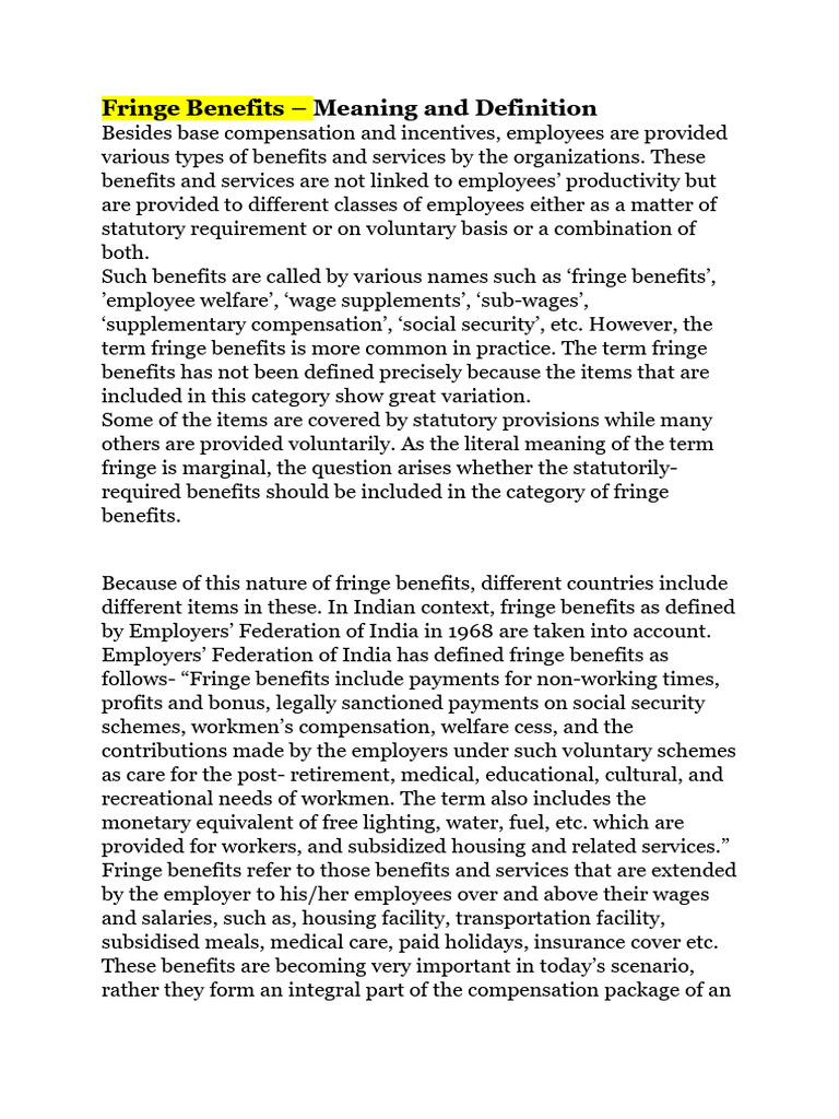 Fringe Benefits Details Note BBA6 | PDF | Cost Of Living | Employment