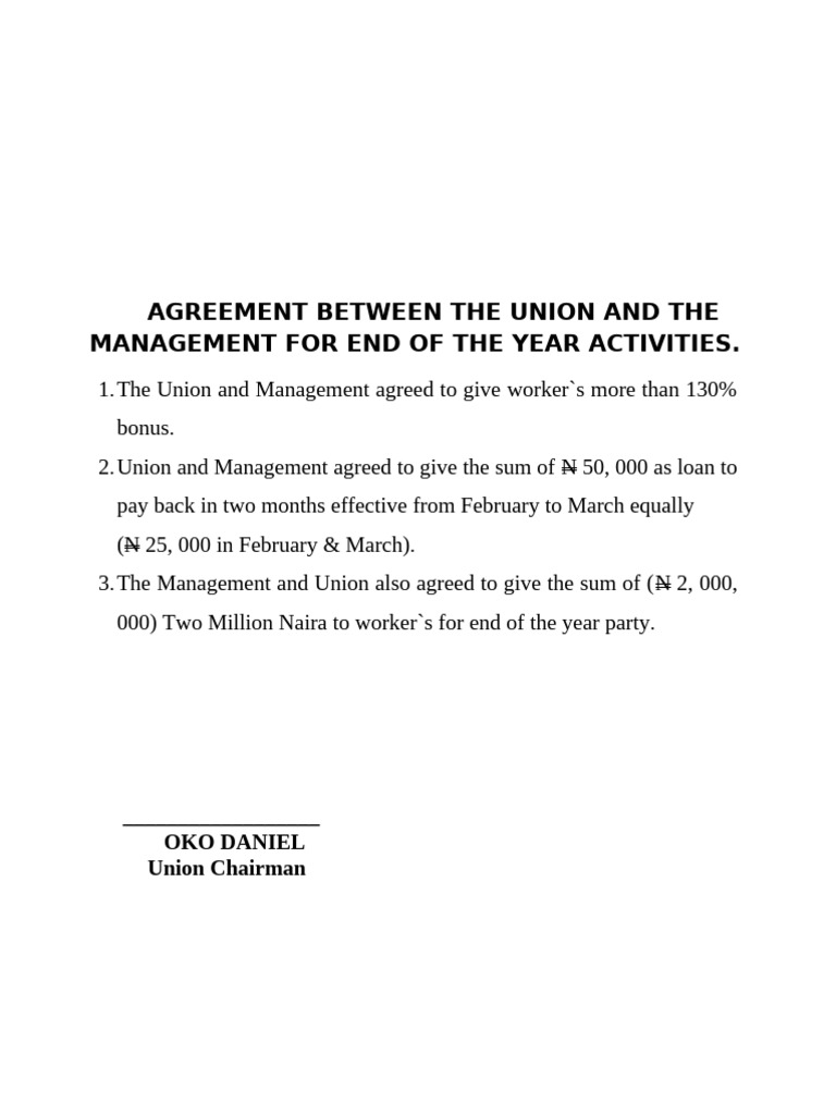 Agreement Between The Union and The Management For End of The Year ...