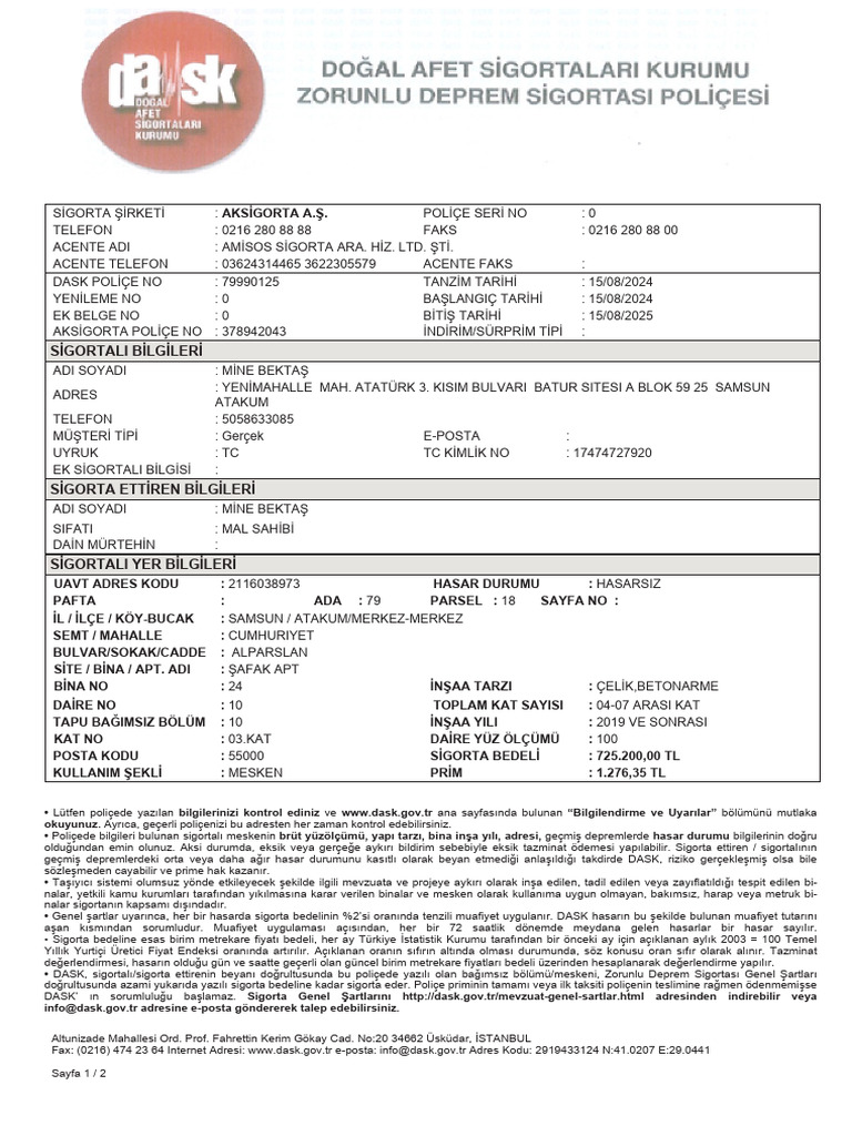 MİNE BEKTAŞ Dask Cumhuriyet Mah | PDF