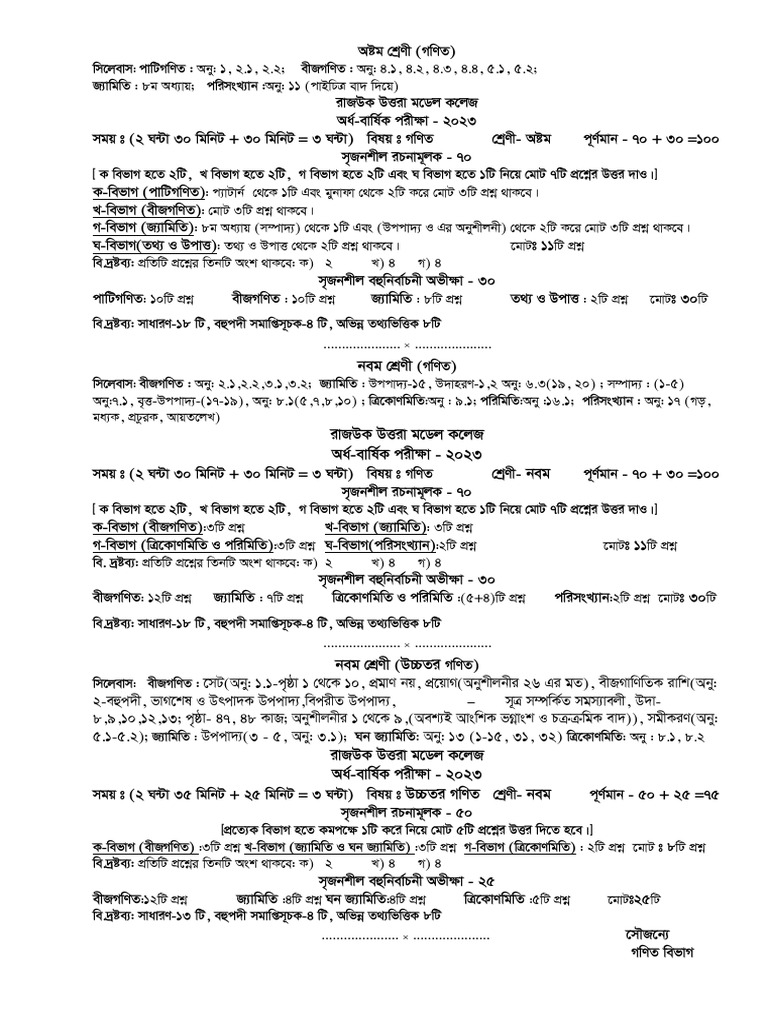 Question Pattern Half Yearly - 2023 | PDF