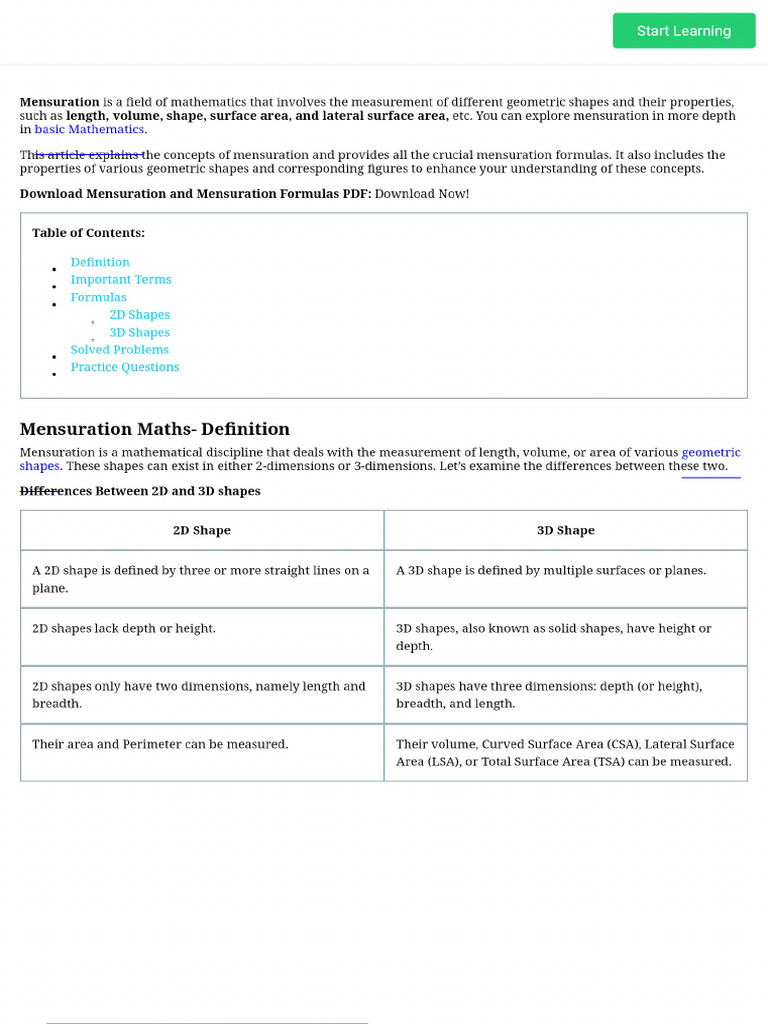 Mensuration - Definition, Formulas, Solved Problems and FAQs | PDF