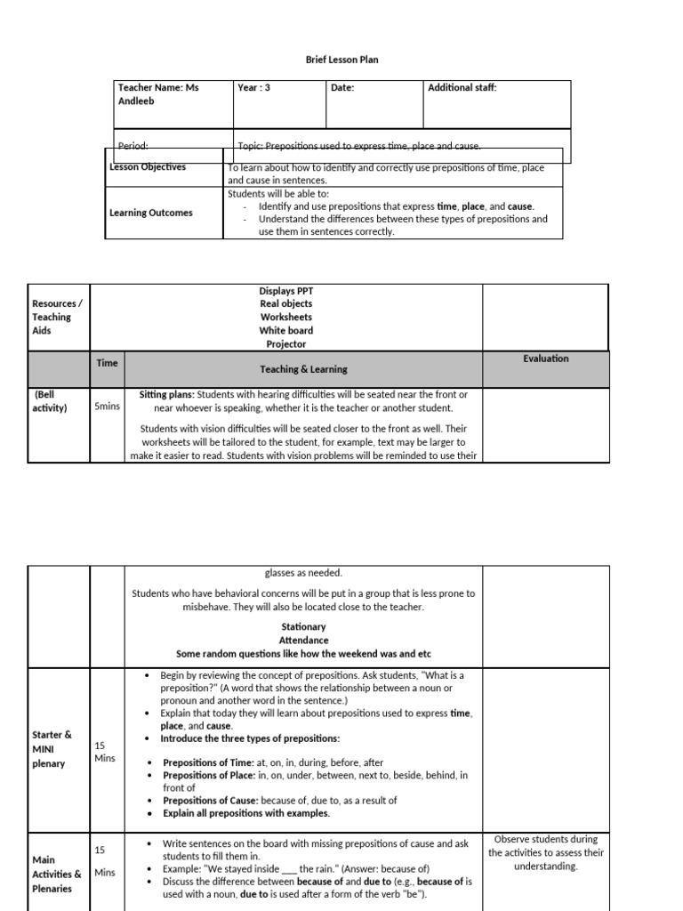 Lesson Plan for Prepositions in English | PDF | Preposition And ...