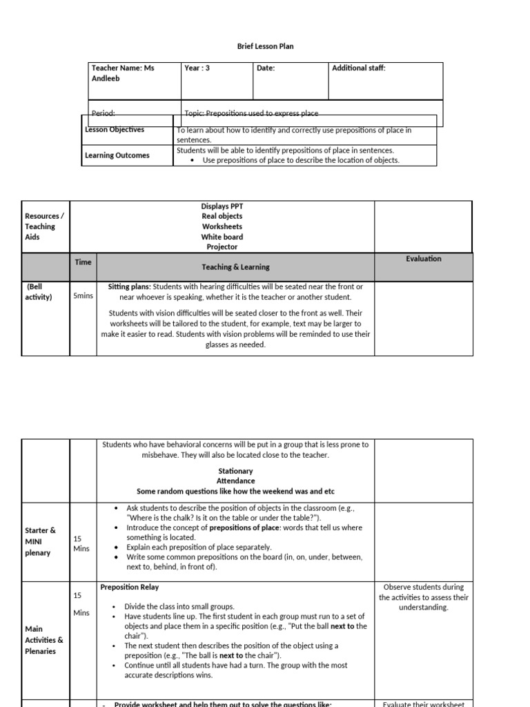Lesson Plan-2 - Preposition Used To Express Place. | PDF | Teachers ...