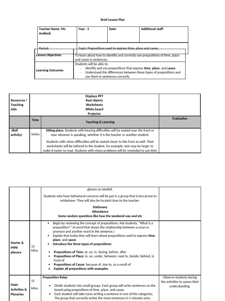 Lesson Plan-1 - Preposition Used To Express Time, Place and Cause | PDF ...