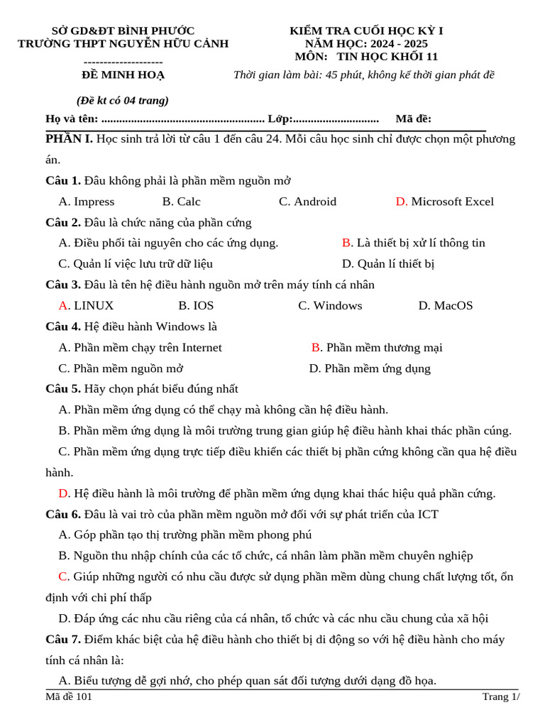 đề minh họa Tin 11 - GKI - 2 | PDF