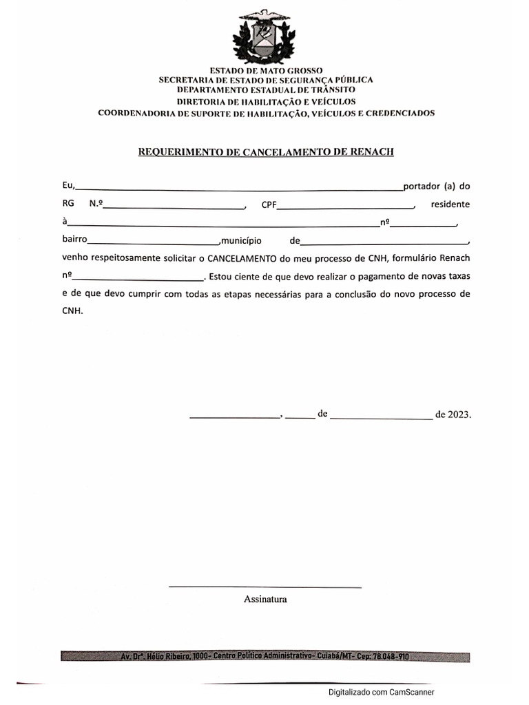 declaração de cancelamento de renach | PDF