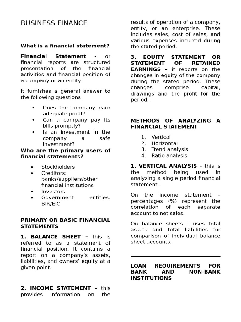 BUSINESS FINANCE notes | PDF | Loans | Equity (Finance)