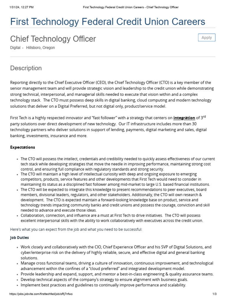 Chief Technology Officer Job at First Tech | PDF | Chief Information ...