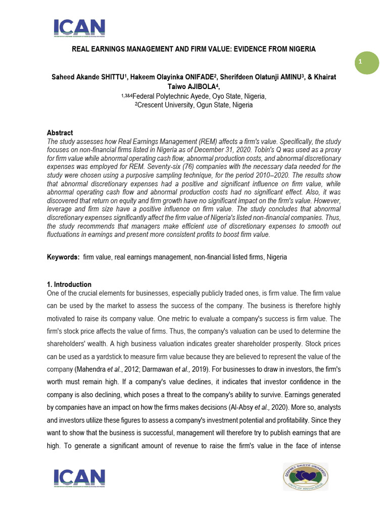 Real Earnings Management and Firm Value in Nigeria | PDF | Valuation ...