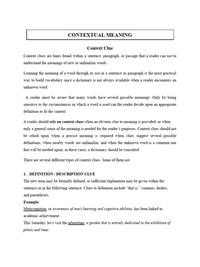 Copy of CONTEXTUAL MEANING-Handout | PDF | Vocabulary | Critical Thinking