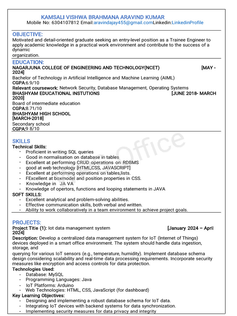 ARAVIND KUMAR Full Resume | PDF | Internet Of Things | Databases