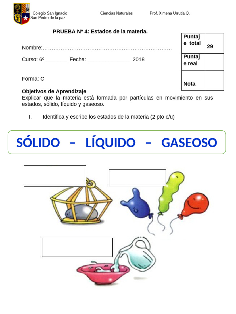 Prueba de Ciencias: Estados de la Materia | PDF