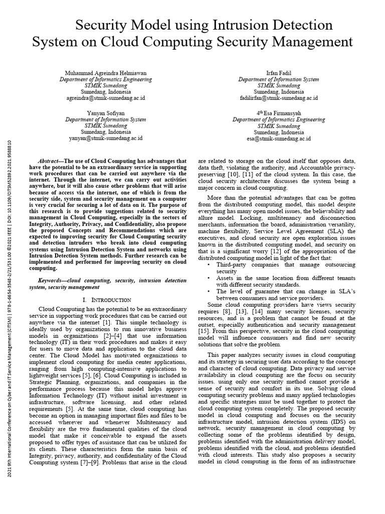Security Model Using Intrusion Detection System on Cloud Computing Security Management | PDF ...