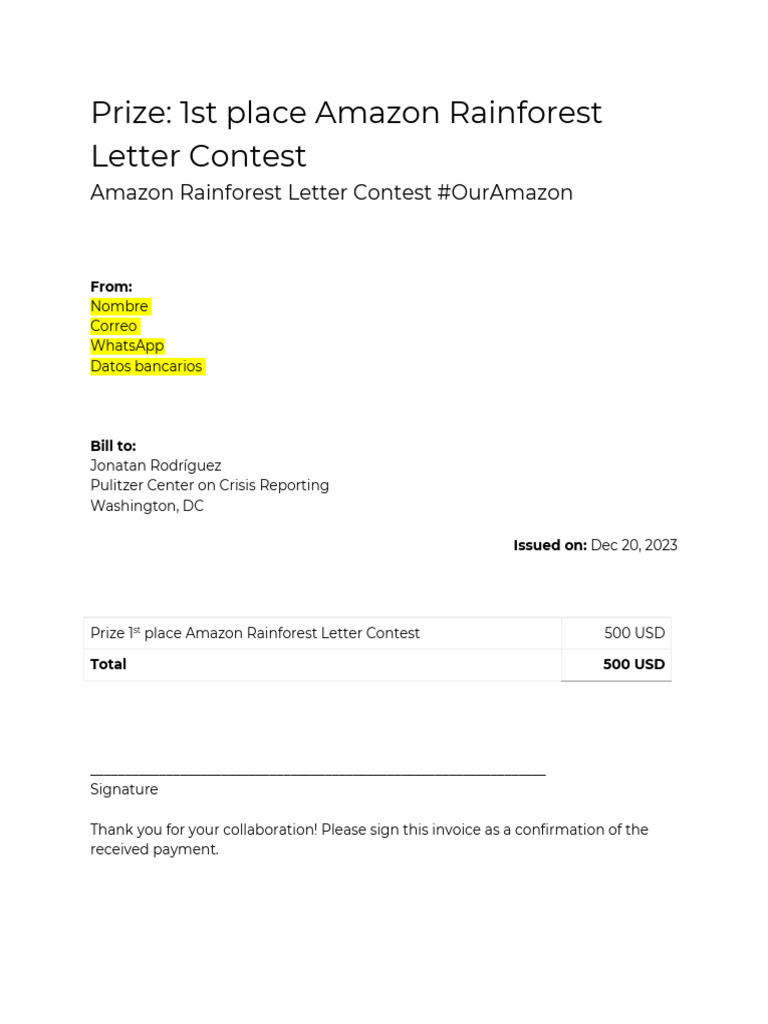 Prize 1st Place Amazon Rainforest Letter Contest | PDF