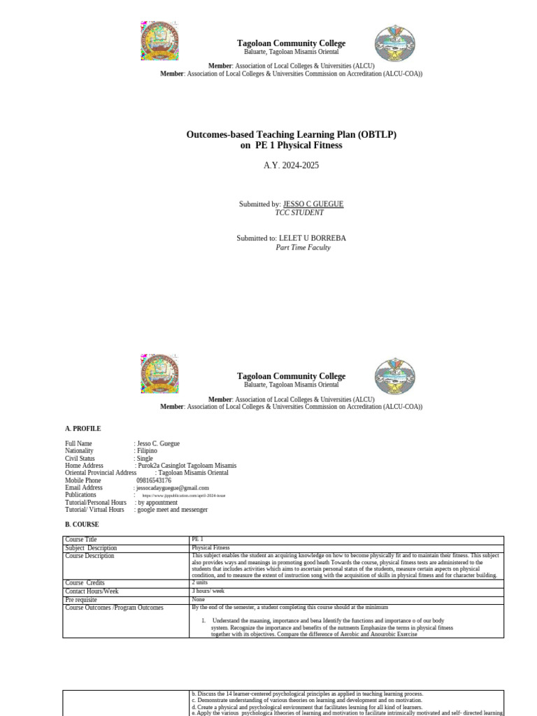 OBTLP for PE 1: Physical Fitness Plan | PDF | Learning | Motivational