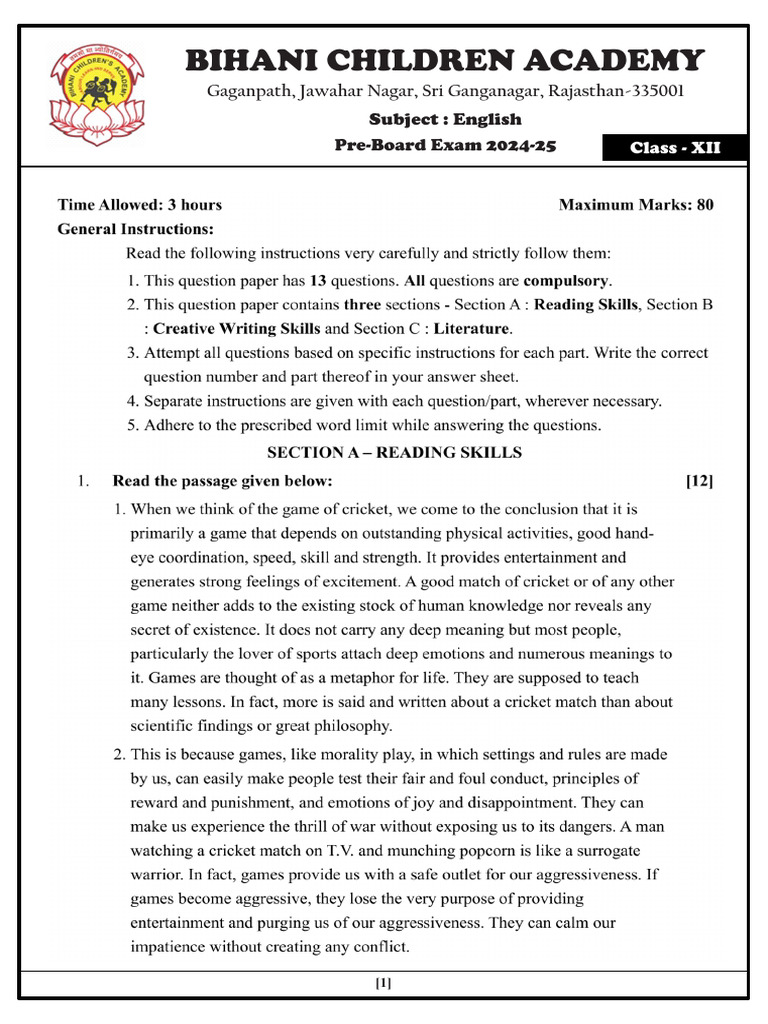 Class - 12 - English - Pre Board Exam - Paper | PDF