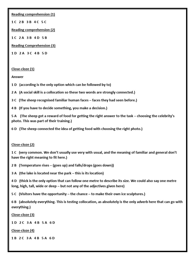 Answers - B2 Revision - Reading - Comprehension + Close Cloze | PDF