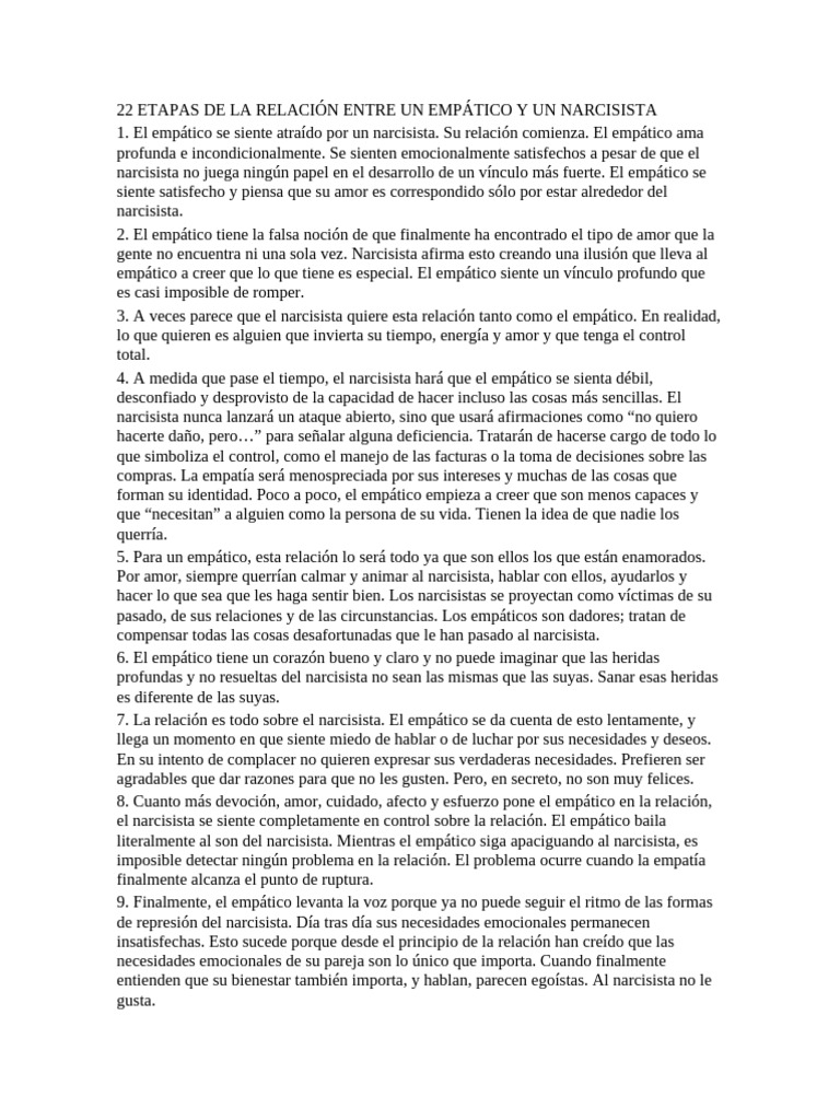 22 ETAPAS DE UNA RELACION ENTRE UN EMPATICO Y UN NARCIZISTA | PDF | Narcisismo | Amor