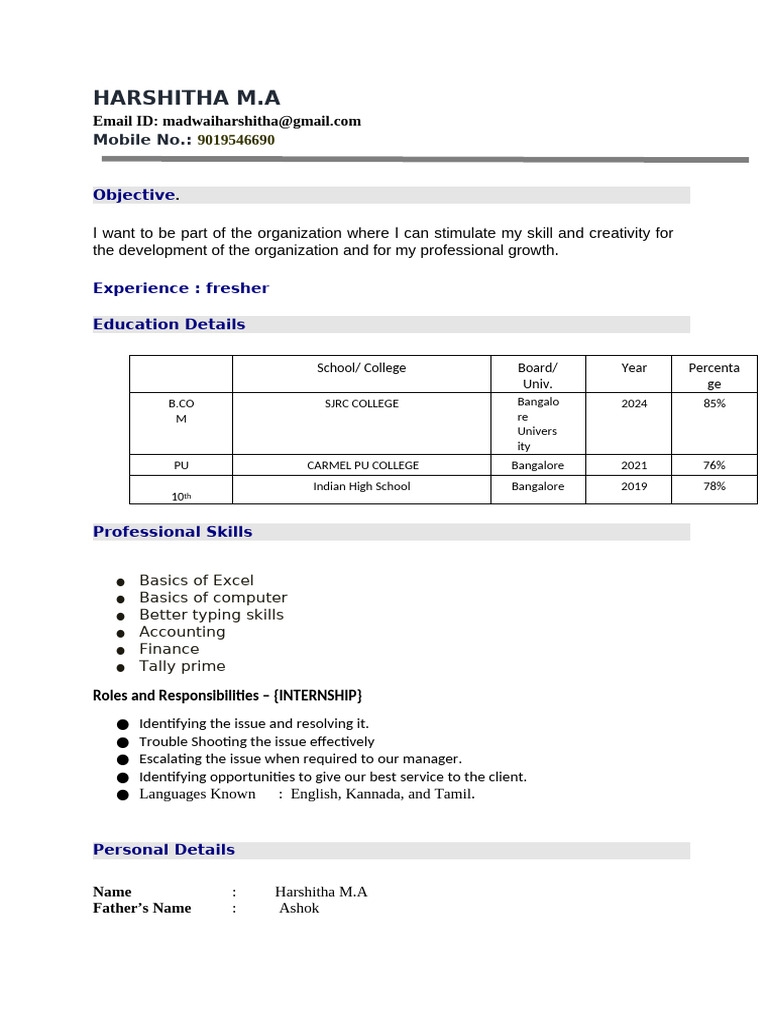 Harshitha M.A Resume | PDF