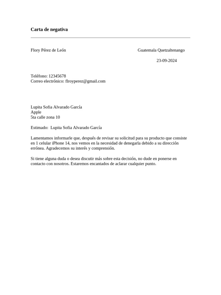 Carta de Negativa 15 | PDF