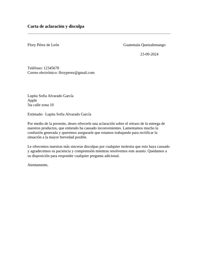 Carta de Aclaración y Disculpa 10 | PDF