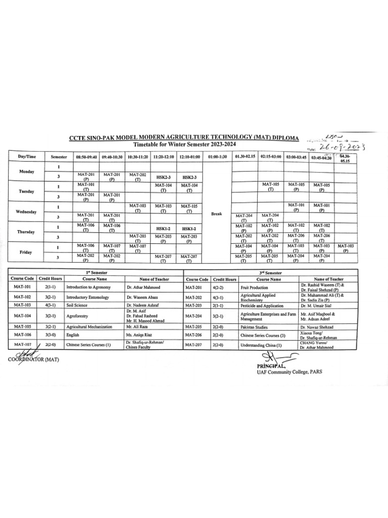 Mat Final Timetable For Winter Semester 2023-2024 | PDF