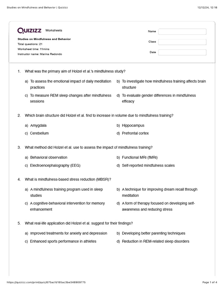 Quiz Studies On Mindfulness and Behavior - Quizizz | PDF | Mindfulness ...