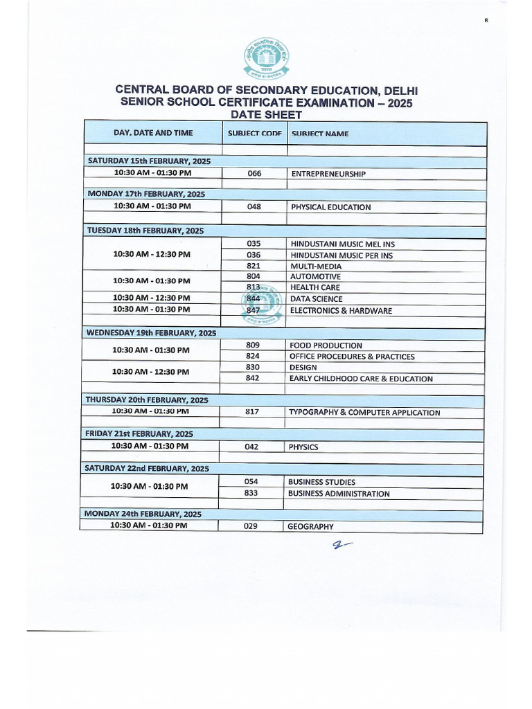 Date Sheet Board Exam 2025 20112024 | PDF