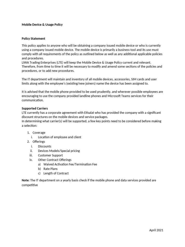 Mobile Phone Policy - LTE - V1 | PDF | Mobile Phones | Smartphone