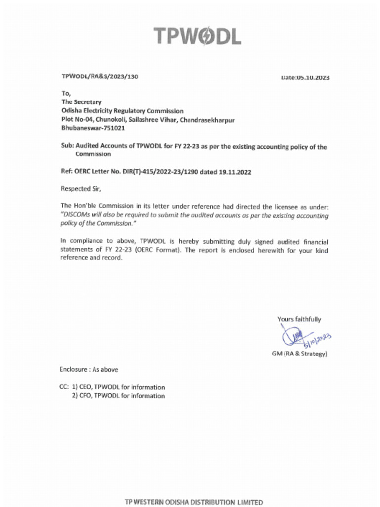 Audited Accounts TPWODL FY 22-23 in OERC Format | PDF