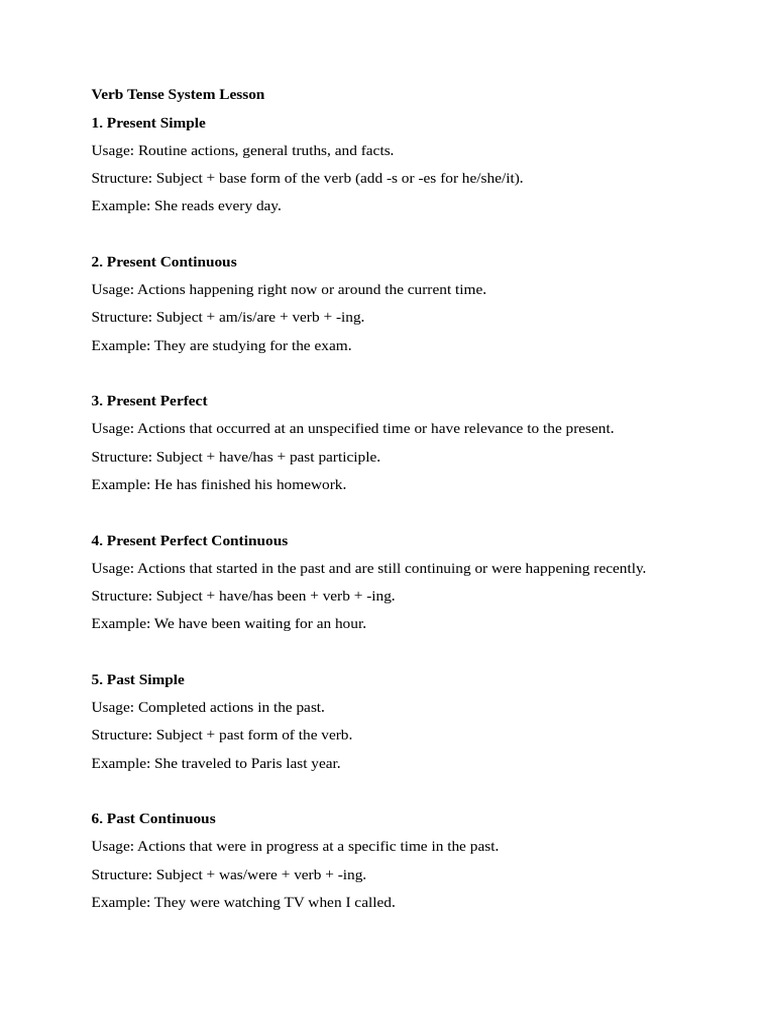 Verb Tense System Lesson | PDF | Perfect (Grammar) | Languages