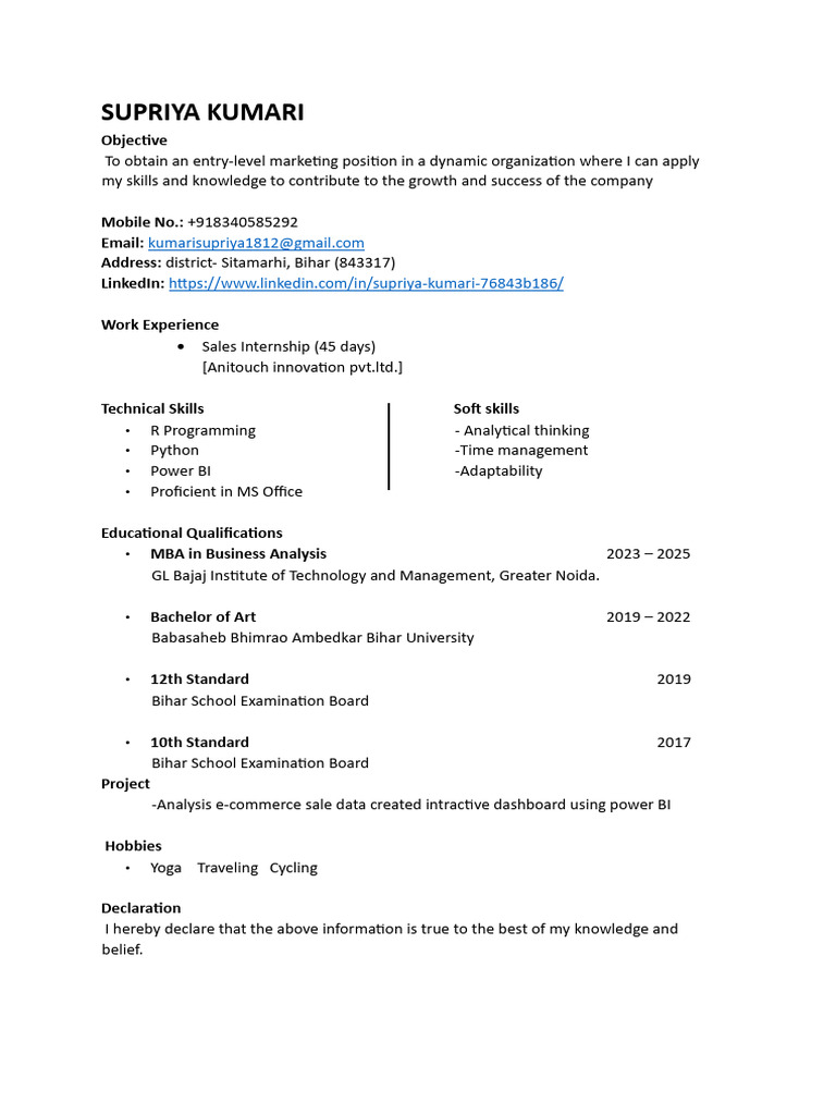 Entry-Level Marketing Resume of Supriya Kumari | PDF