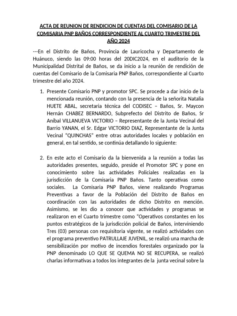 ACTA DE RENDICION DE CUENTAS DEL CUARTO TRIMESTRE 2024 jara | PDF | Gobierno