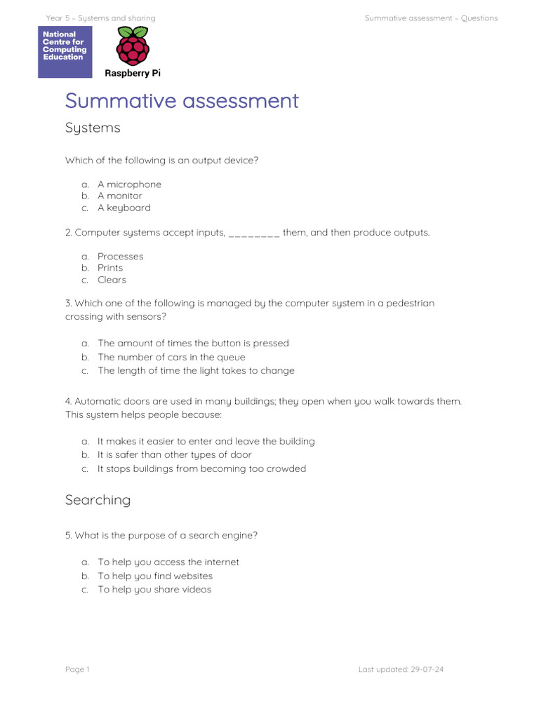 Summative Assessment - Systems and Searching - Y5 - v1.1 | PDF ...