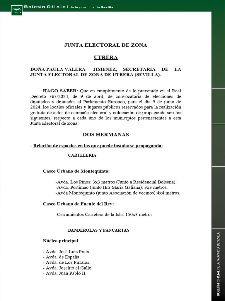 Anuncio BOP 30-04-2024 JEZ Espacios Propaganda y Locales para Actos de Campaña | PDF | Sevilla