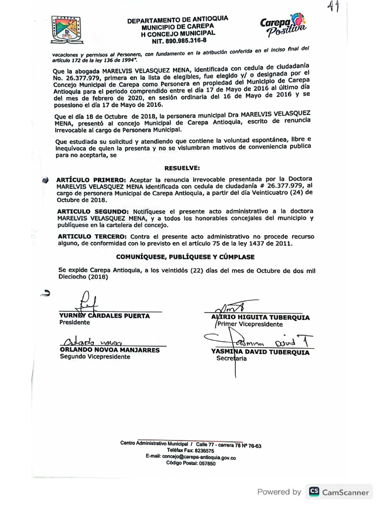 Resolución de Renuncia Marelvis 2018 | PDF