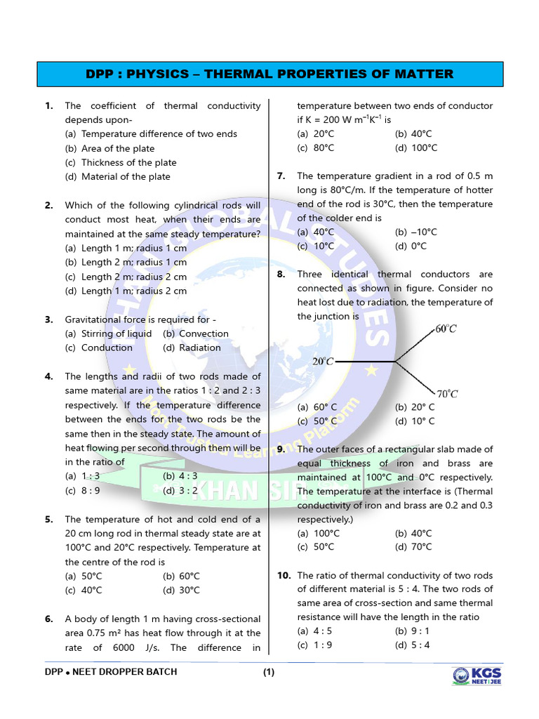 NEET - Dropper - 12th - DPP-4 - Physics - English - Thermal Properties of Matter | PDF ...