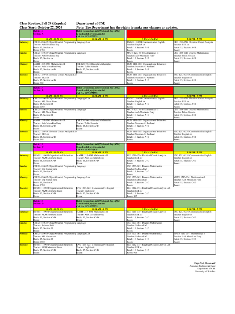 Batch-15 (Class Routine), Fall 24 | PDF | Science | Communication