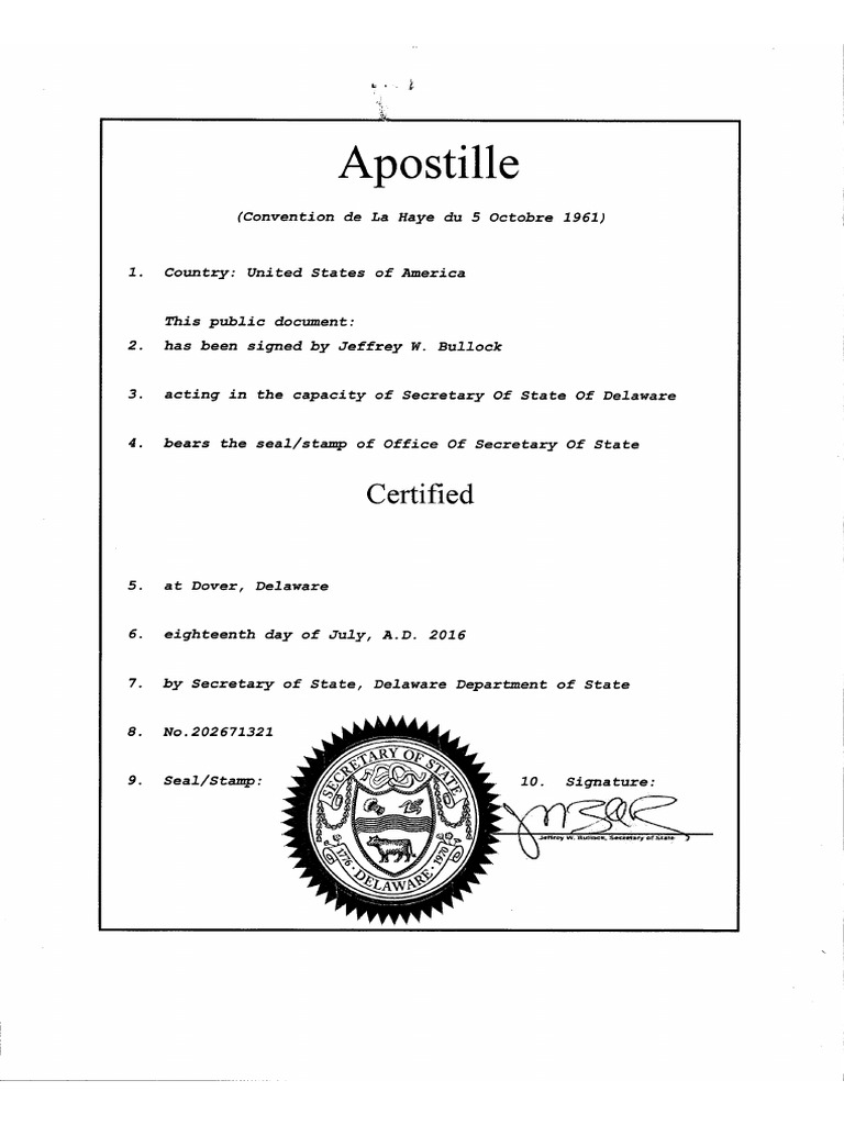Certificate of Incorporation Delaware With Apostille | PDF