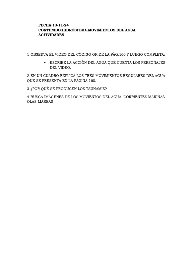 Actividades sobre Movimientos del Agua | PDF