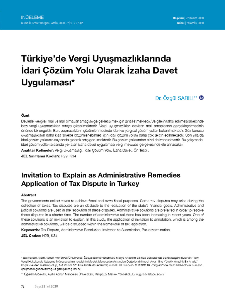 T Rkiye de Vergi Uyu Mazl Klar Nda Dari Z M Yolu Olarak Zaha Davet Uygulamas ( | PDF