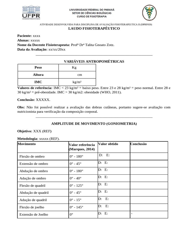 Modelo de Laudo Fisioterap Utico Disciplina Avalia o FST II | PDF ...