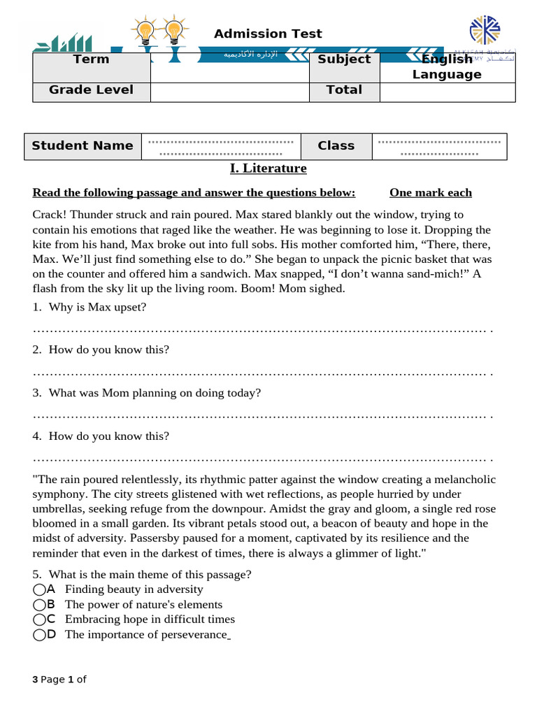 Admission Test - Grade 10 | PDF