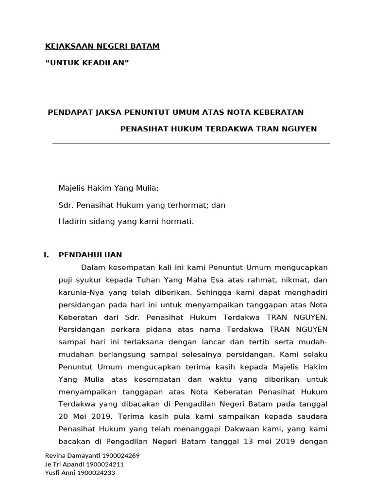 97 Jawaban JPU Atas Nota Keberatan | PDF