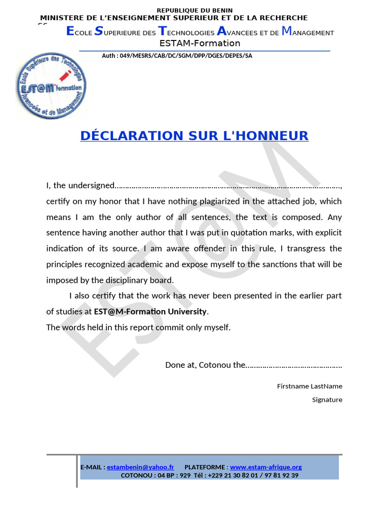 Declaration of Honor for Academic Integrity | PDF