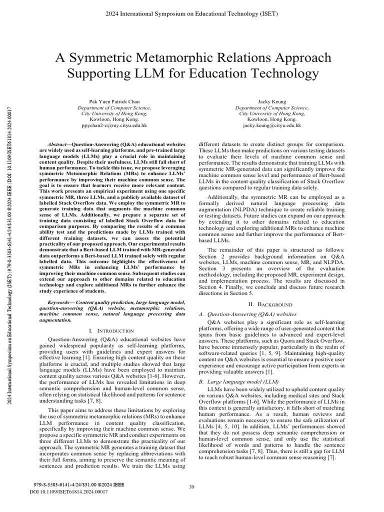 A Symmetric Metamorphic Relations Approach Supporting LLM For Education Technology | PDF ...