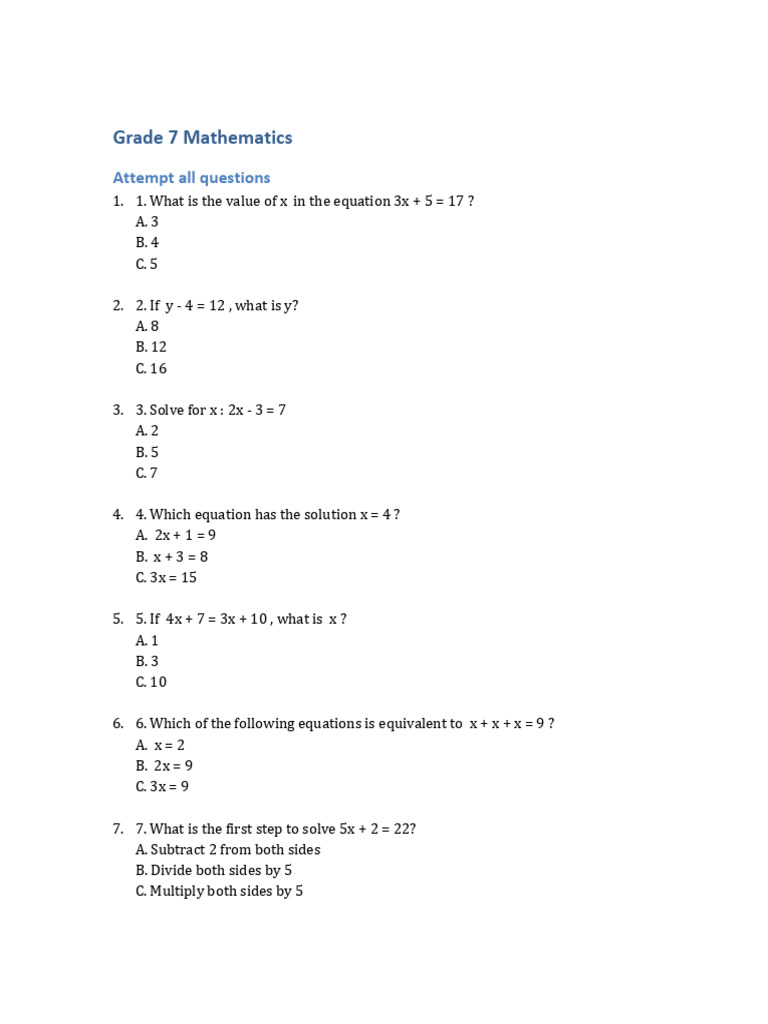 Grade 7 Equations | PDF
