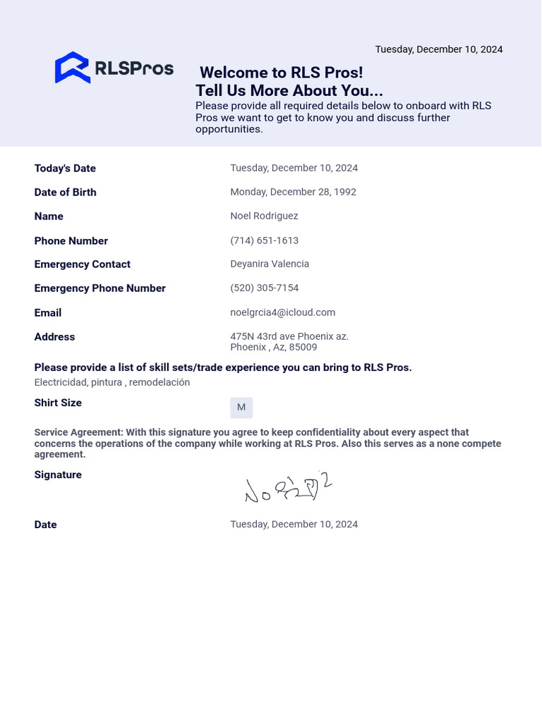 RLS Pros Onboarding Form for Noel Rodriguez | PDF
