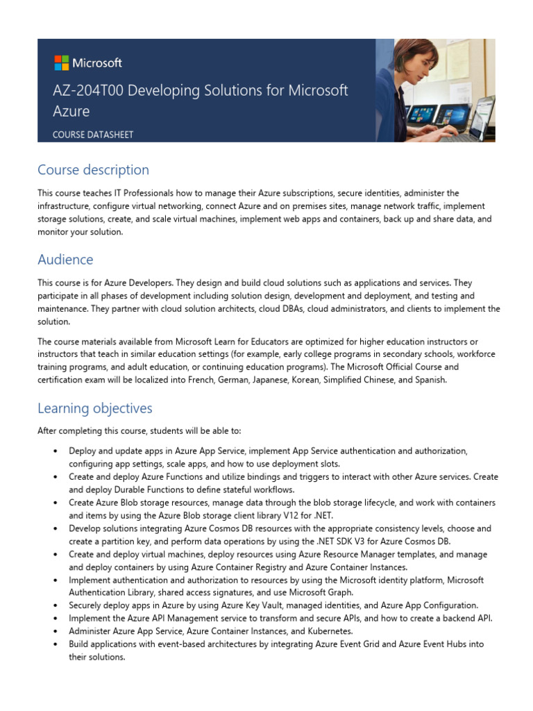 AZ 204T00A ENU CourseDatasheet | PDF | Microsoft Azure | Cloud Computing