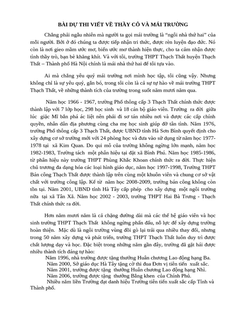 BÀI DỰ THI VIẾT VỀ THẦY CÔ VÀ MÁI TRƯỜNG | PDF